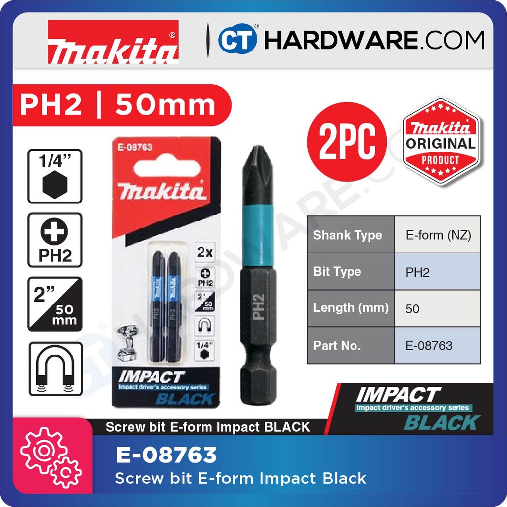 MAKITA E-08763 E-FORM IMPACT BLACK SCREW BIT PH2 X 50MM | 1/4" HEXAGON ...