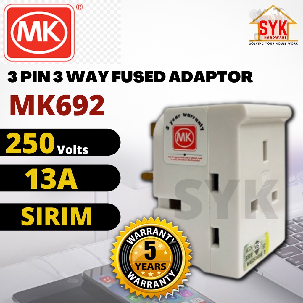 SYK MK 692 WHI 3 Way 3 Pin Fused Plug Adapter Electrical Socket Kepala ...