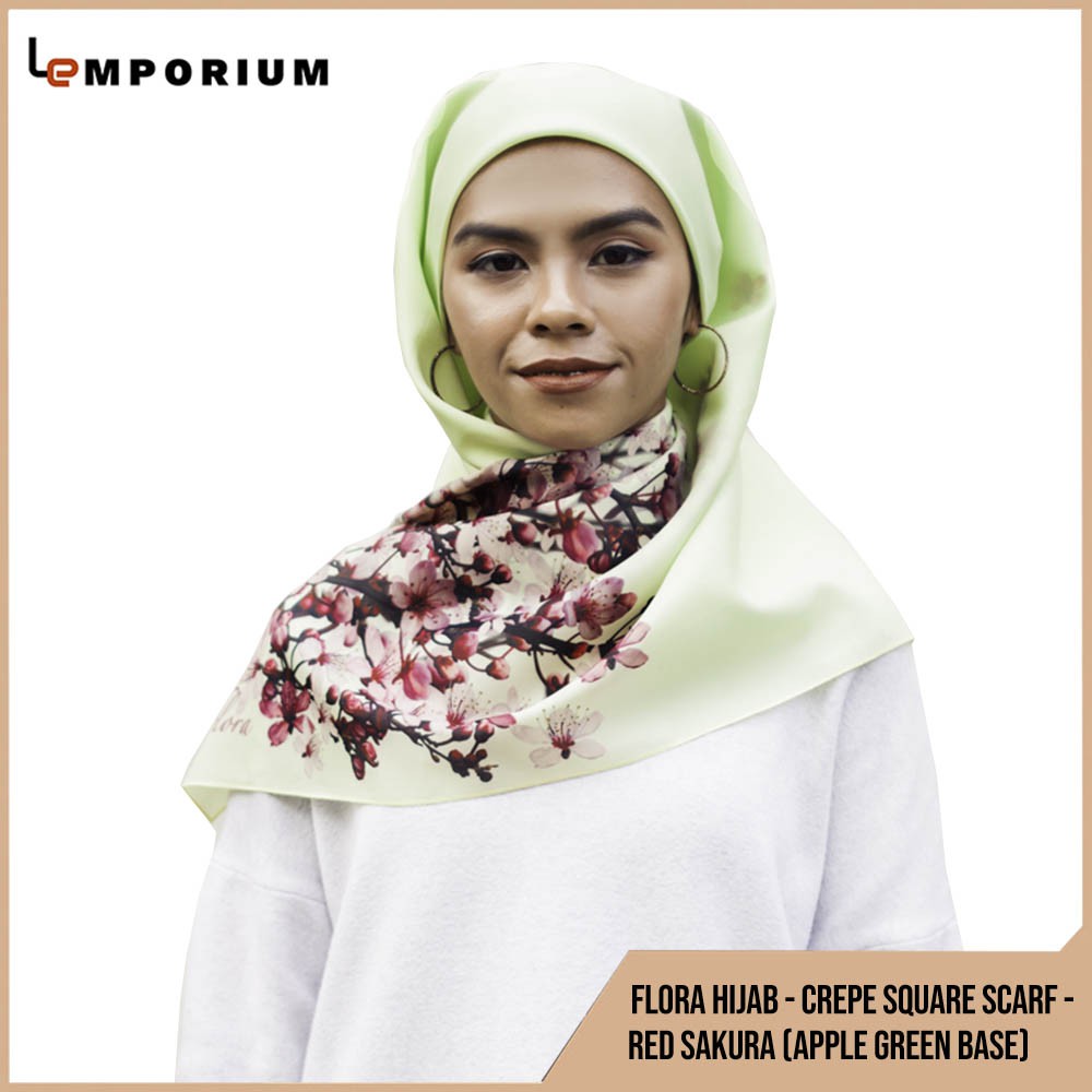 LeEmporium FLORA HIJAB - Crepe Square Scarf - Red Sakura (Apple Green Base) (105 cm x 105 cm ...