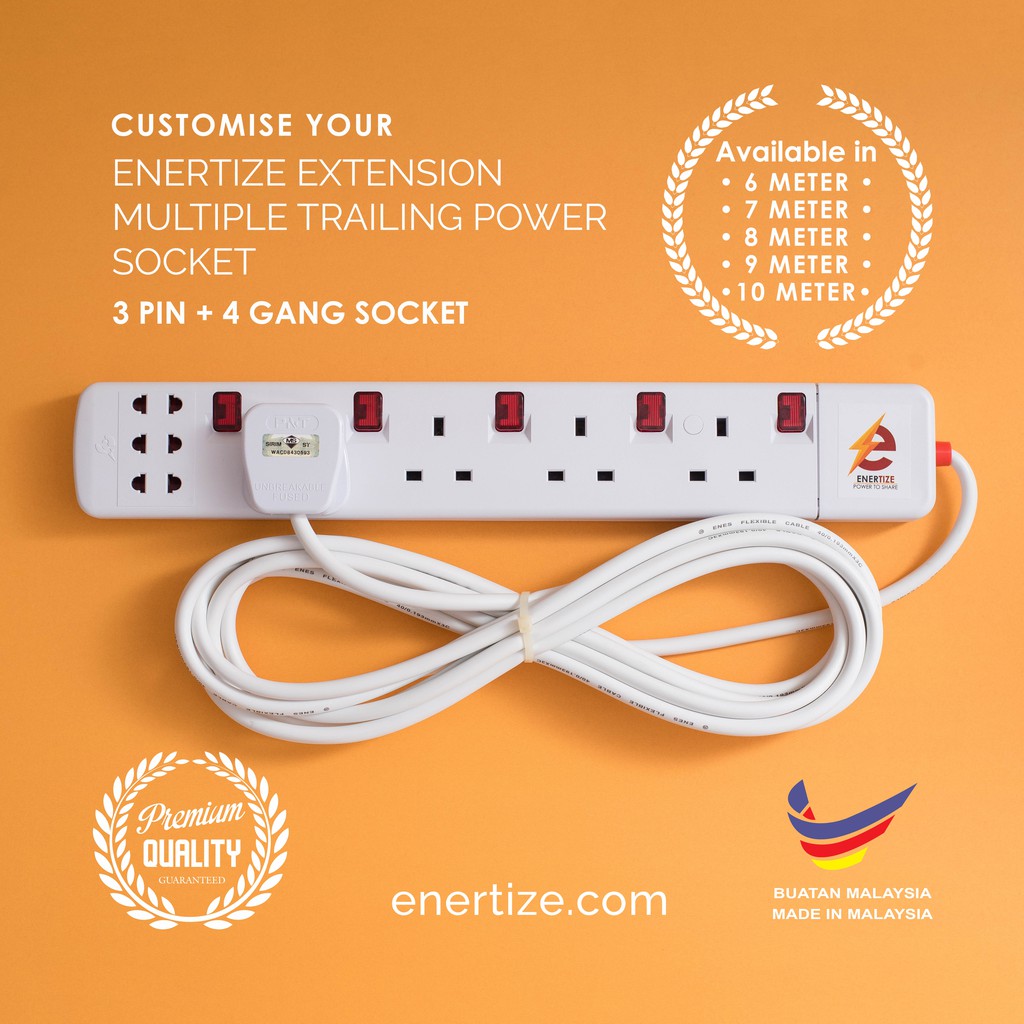 Enertize CUSTOMISE PRE ORDER Extension Power Socket Plug : 3 Pin + 4 ...