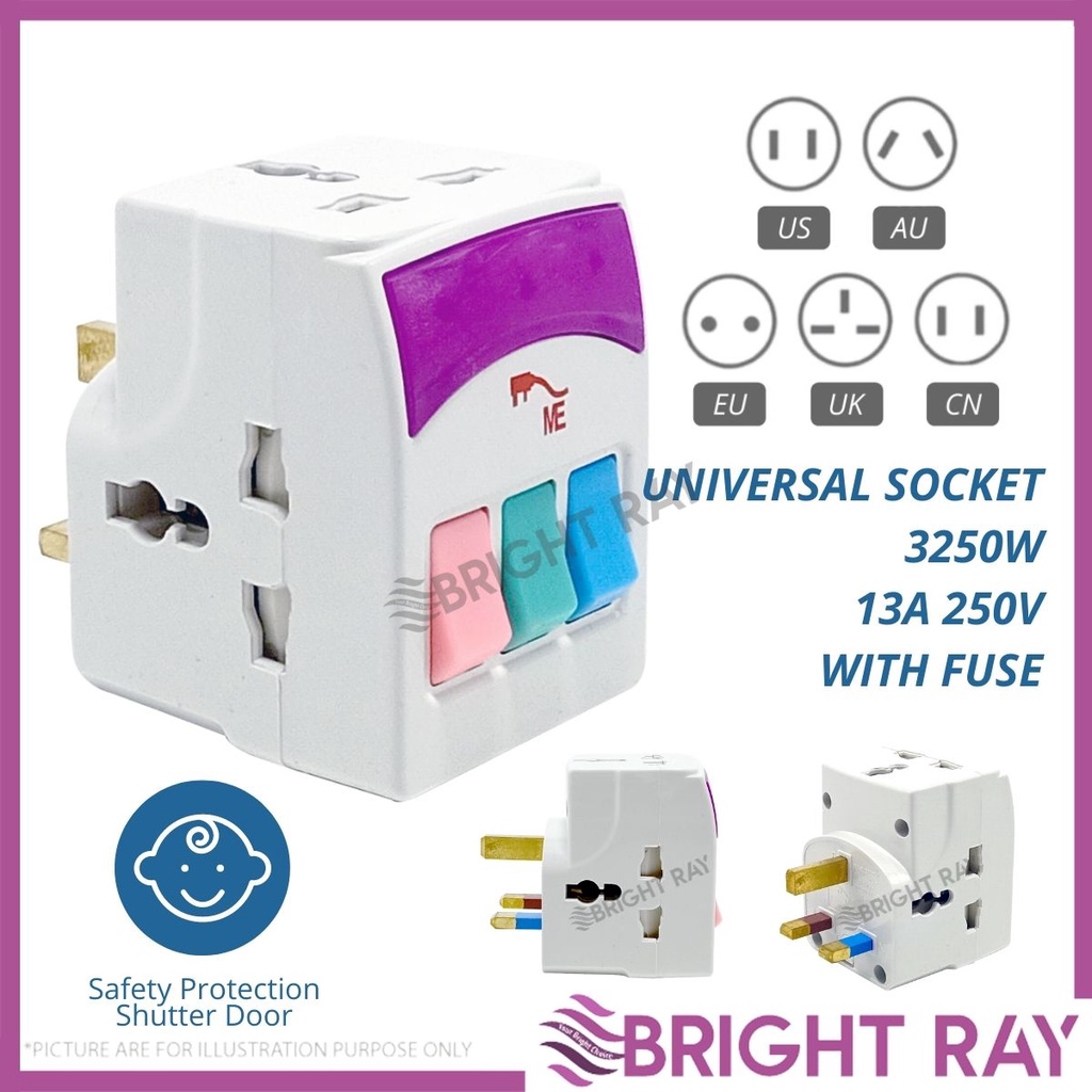 ME 13 Amp 3 Way Switch Adaptor 3 Pin / Universal Socket With Neon ...