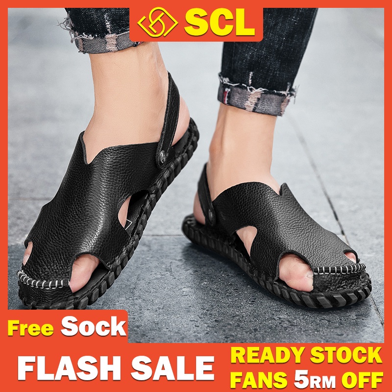SCL READY STOCK Sandal Lelaki / Men's Simple Black Sandals Slip-on Soft ...