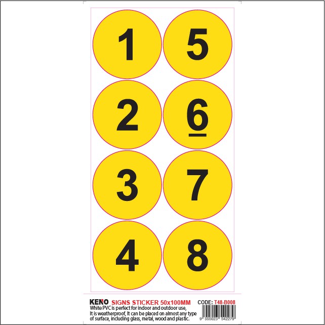TABLE NUMBER STICKER WITH MATTE LAMINATED 1 TO 8, 48MM DIAMETER ...