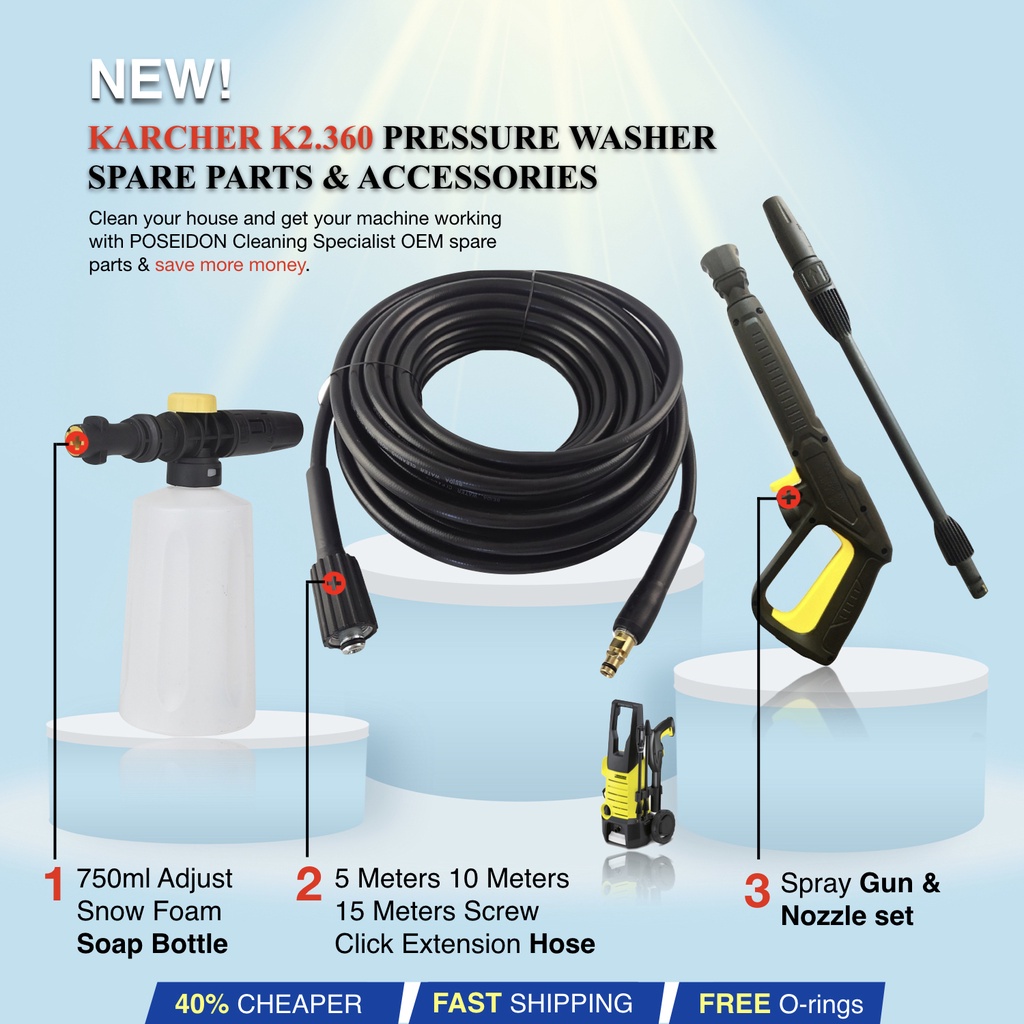 🔱 KARCHER K 2.360 💦10M 15M HIGH PRESSURE HOSE🛠 GUN NOZZLE 750ML SNOW ...