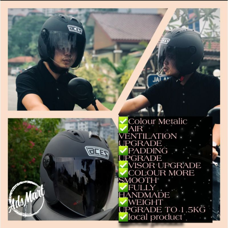 [READY STOCK] ACES Premium Open Face Helmet Smoke Visor R2 Topi Keledar ...
