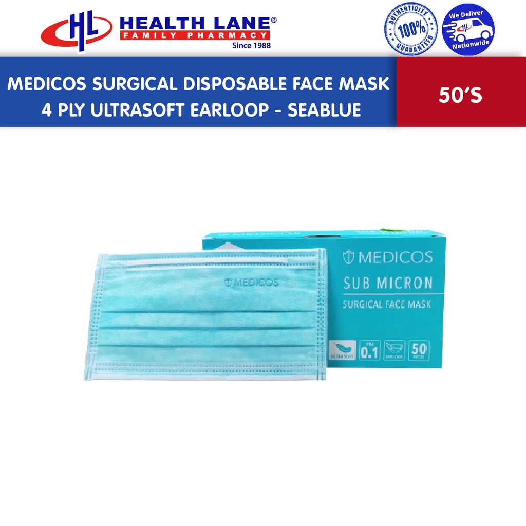 Medicos Surgical Disposable Face Mask 4 Ply Ultrasoft Earloop - Seablue ...