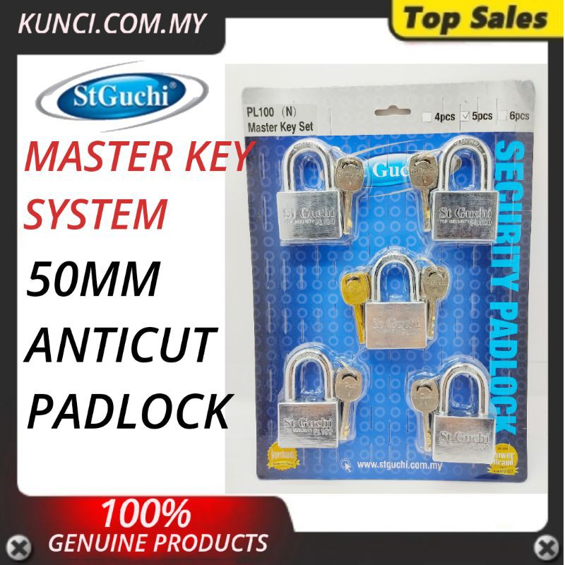 ORIGINAL ST GUCHI ANTICUT PADLOCK 50MM X 5 PCS MASTER KEY SYSTEM PL100 ...