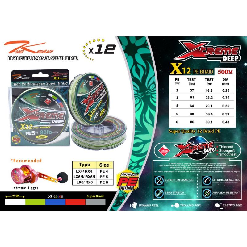 Team KAMIKAZE Fishing Line XTREME DEEP X12 500m Multi Collor PE Fishing ...