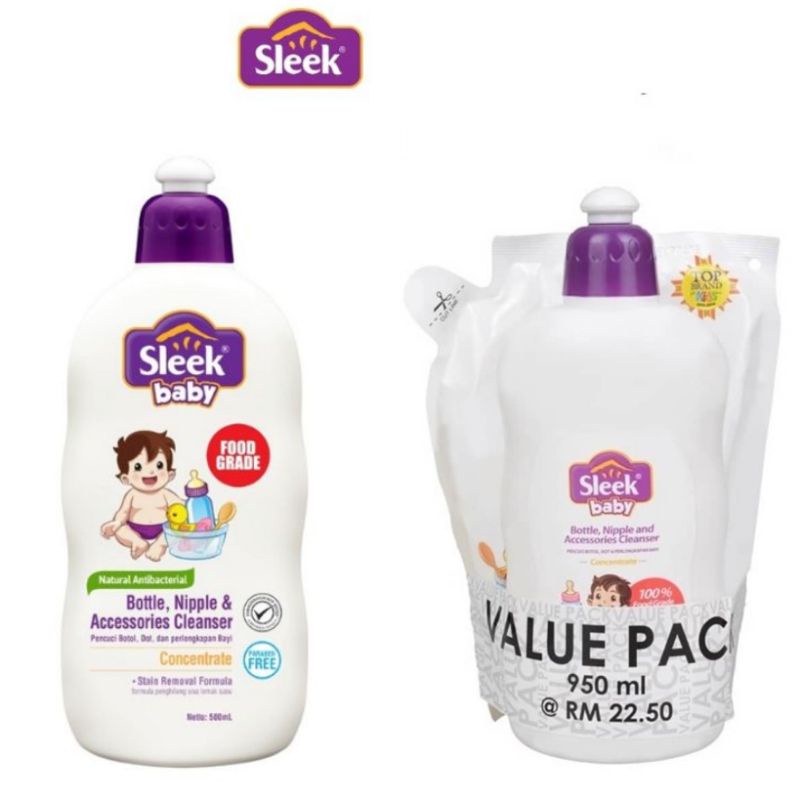 Sleek Baby Bottle,Nipple & Accessories Cleanser 500ml / 500ml free 450ml Refill Pack | Shopee ...