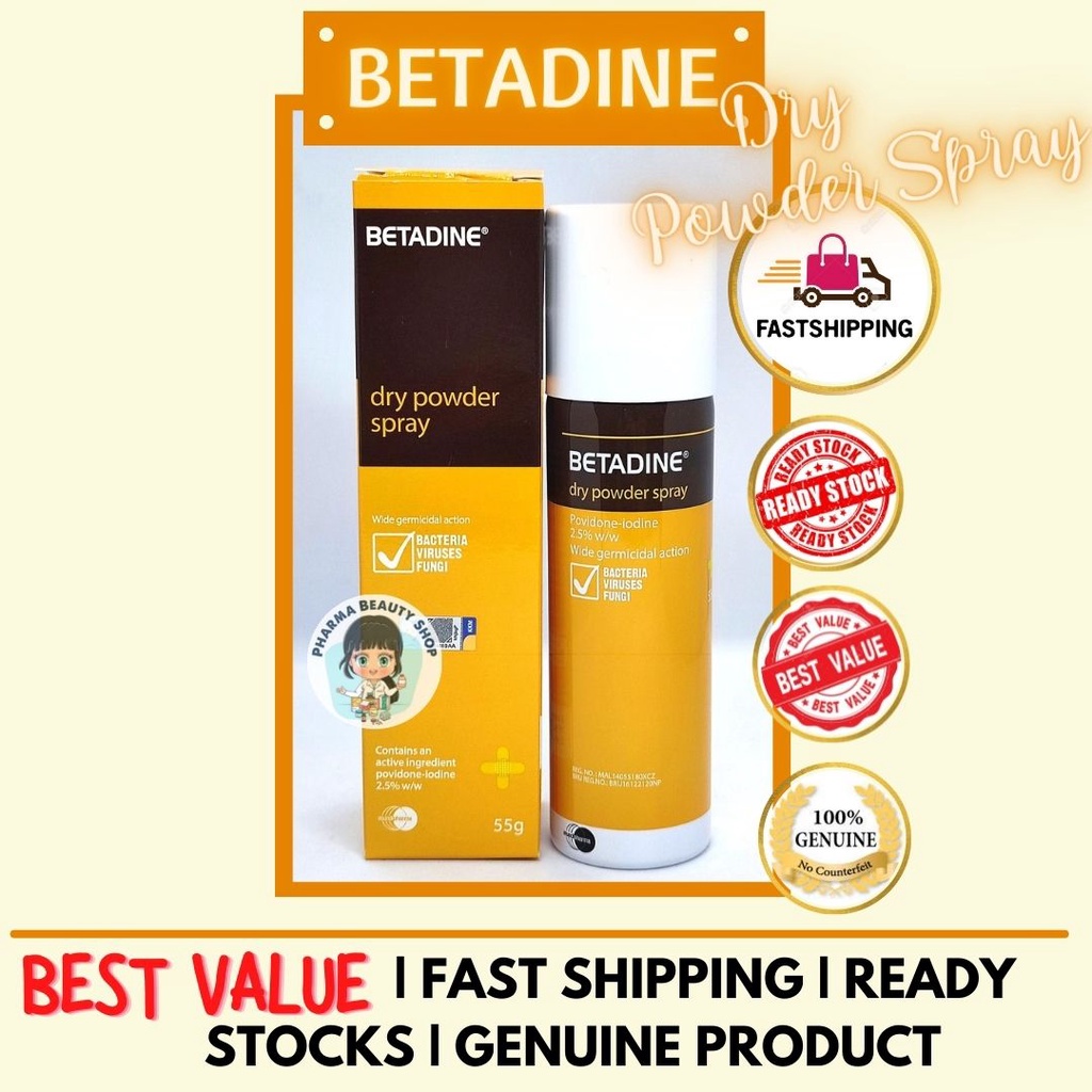 Betadine Dry Powder Spray 55g (Povidone Iodine 2.5% w/w)/ Betadine Antiseptic Cream 15g ...