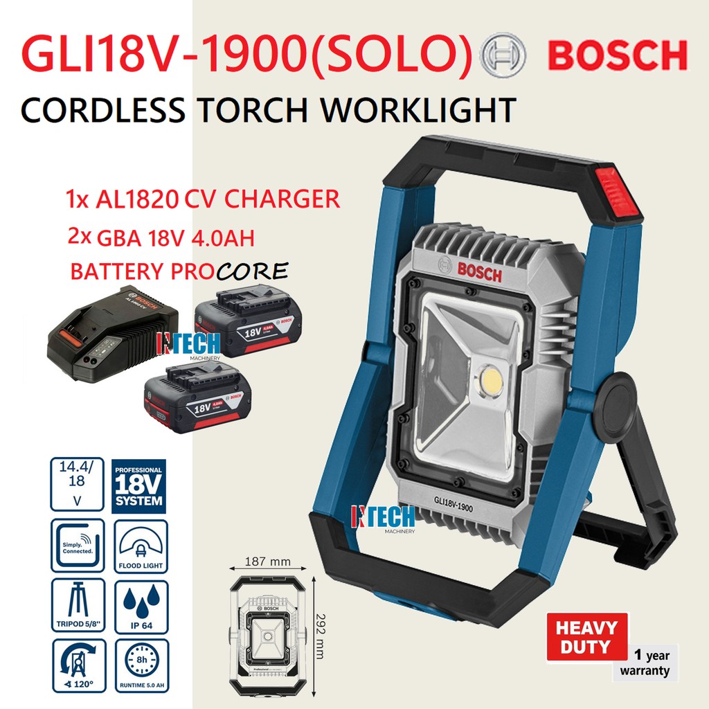 BOSCH GLI18V-1900 CORDLESS TORCH WORKLIGHT+2x4.0AH(PROCORE)+1x1820CV ...