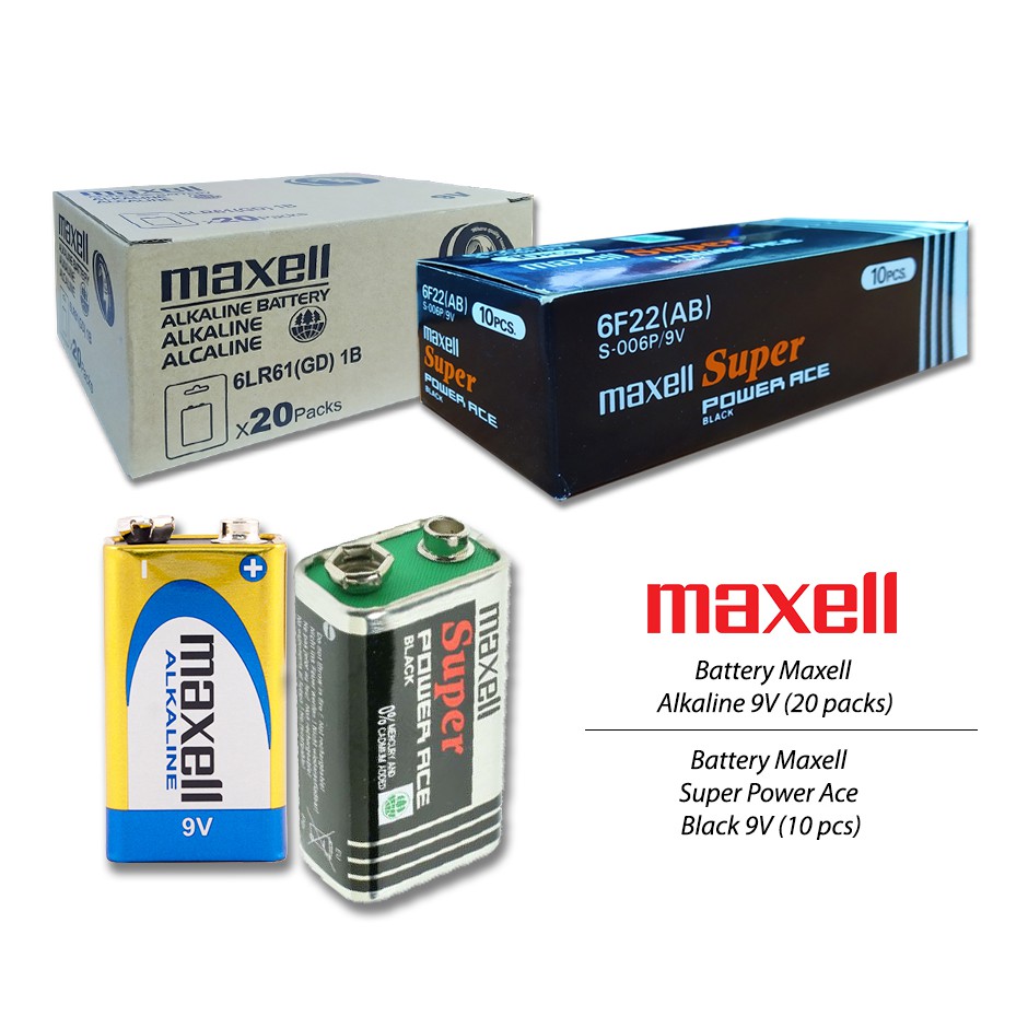 [1Box] Maxell Super Power Ace 9V Battery (1Box-10Pcs) / Maxell Alkaline 9V Battery (1Box-20Pcs ...