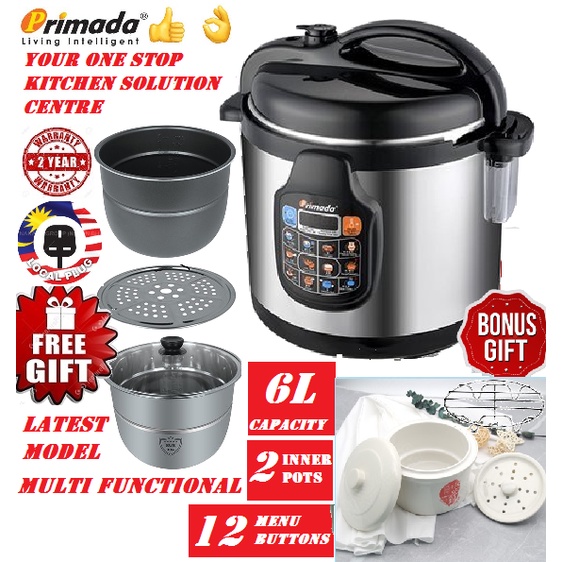 Primada 6 Liter Dual Pots Pressure Cooker PC6030(1 NON STICK POT+FOC 1 ...