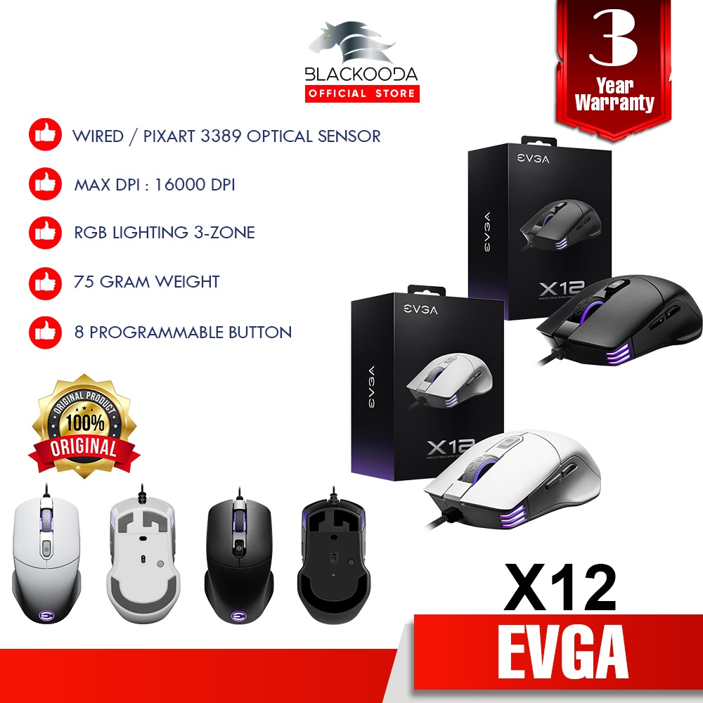EVGA X12 RGB Wired Ambidextrous Gaming Mouse [ BLACK / WHITE ] ( 8 ...