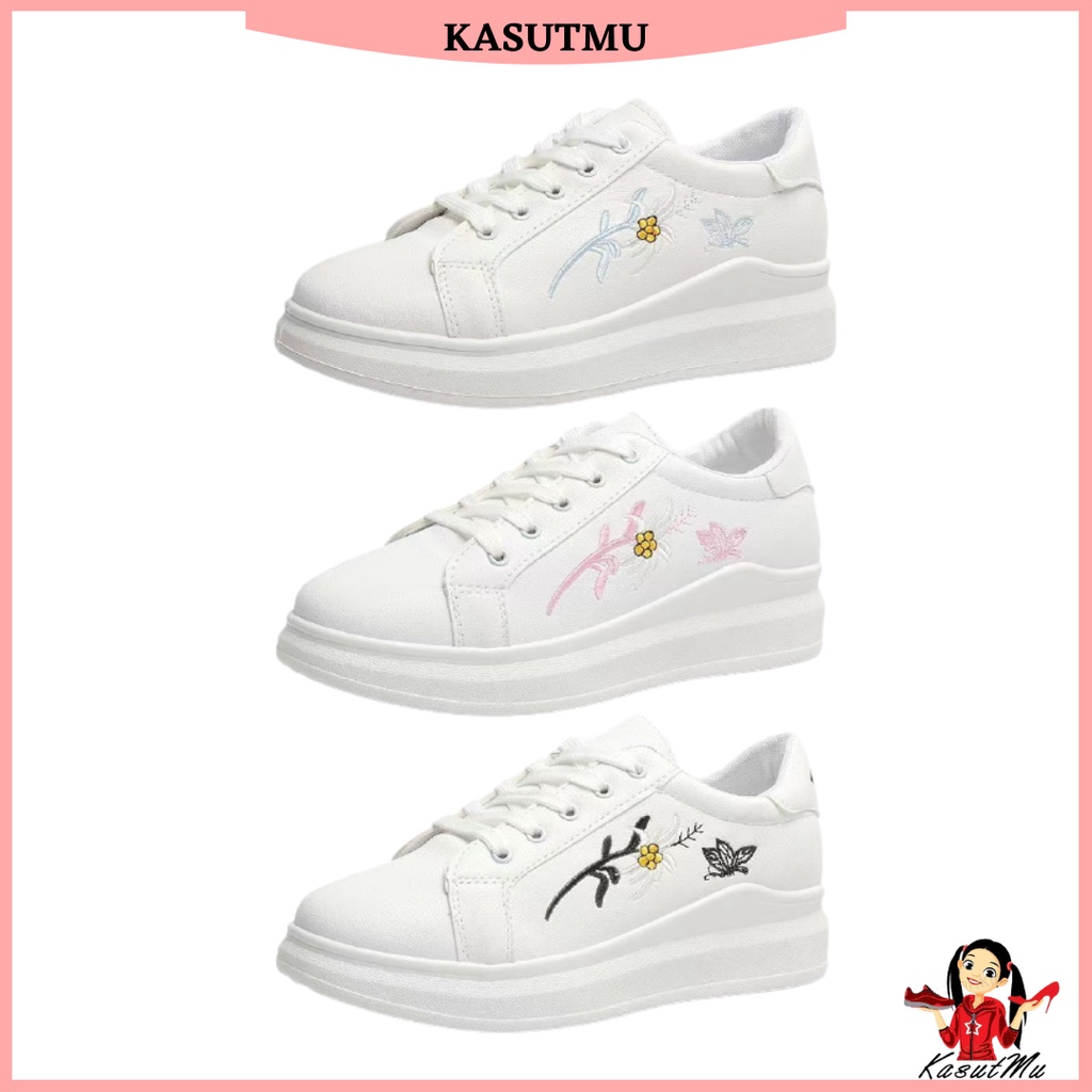 KASUTMU Women's Korean Style Lace Up Straps Sports Sneakers Embroidered ...