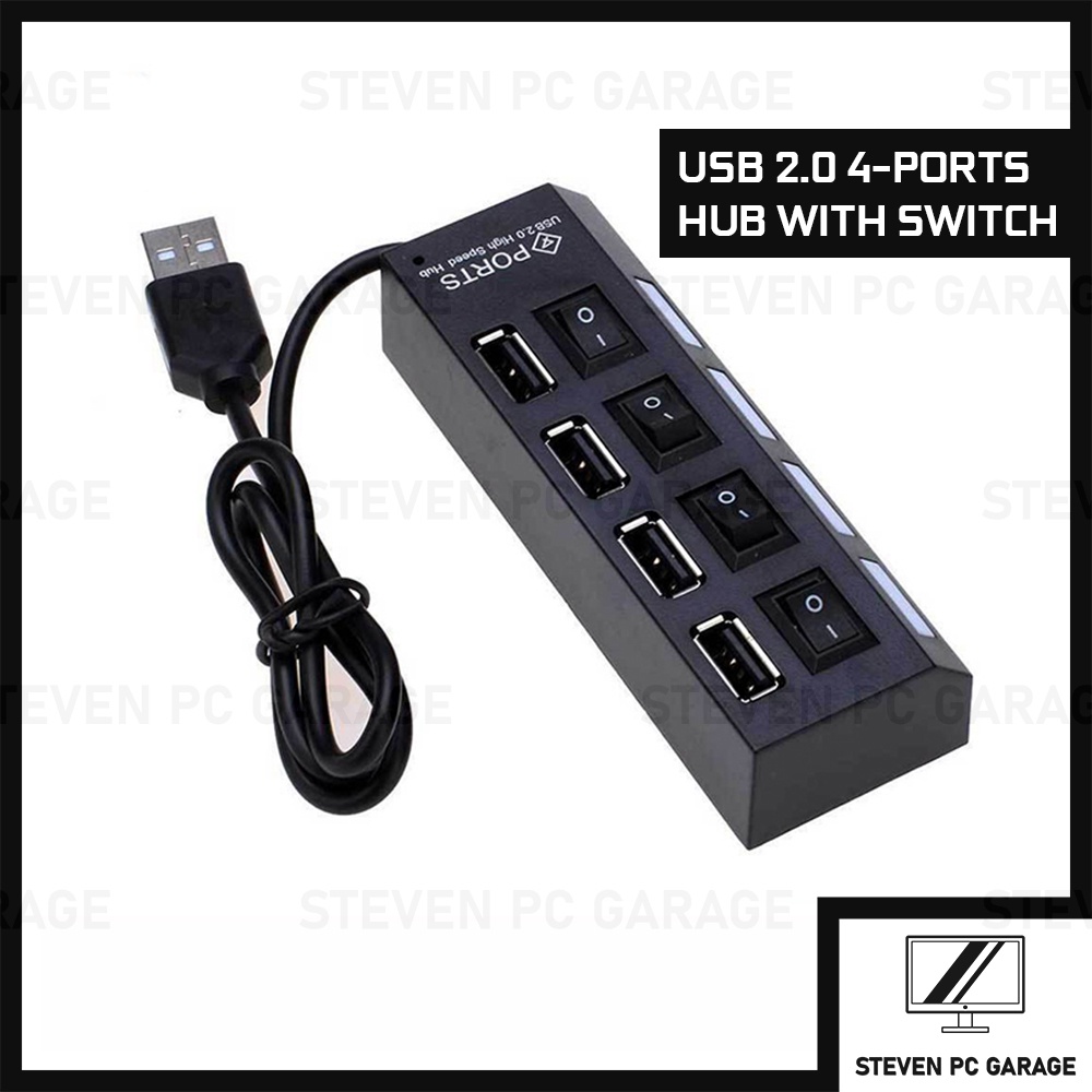 USB Hub 2.0 4 Port High Speed With LED ON OFF Switch Light PC Computer ...