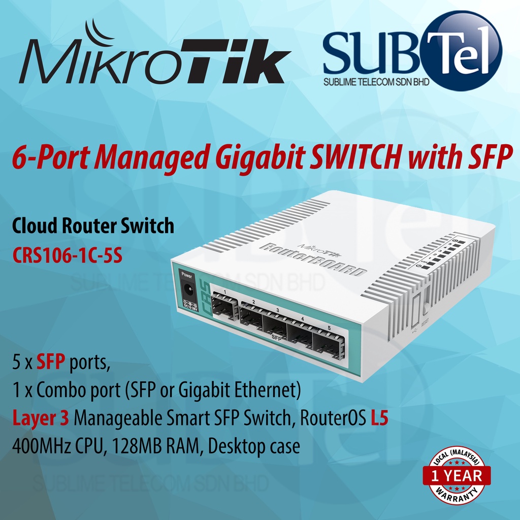 Mikrotik CRS106-1C-5S 6 port Gigabit Managed Smart Switch with 5 SFP ports RouterOS Fiber Switch ...
