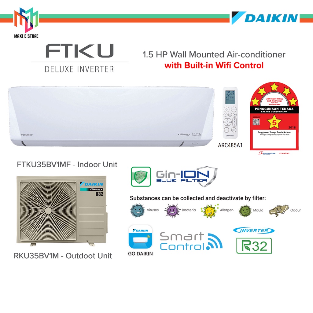 Daikin FTKU35BV1MF 1.5 HP Wall Mounted Deluxe Inverter Air-conditioner ...