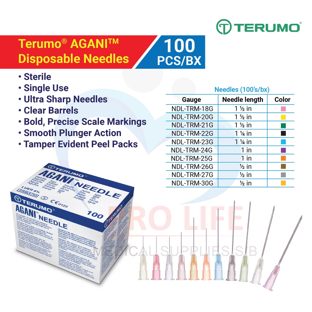 Terumo AGANI Disposable Needle 18G/ 20G/ 21G/ 22G/ 23G/ 24G/ 25G/ 26G ...