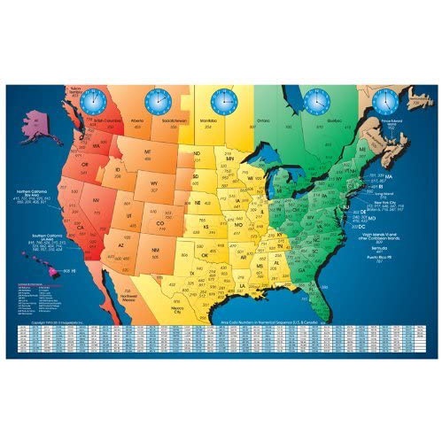 ImageAbility North America Laminated Gloss Time Zone Area Code Map with ...