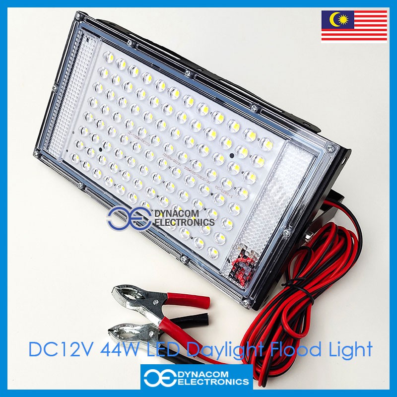 DC 12V 44W LED Daylight Flood Light + 3M Wire with Battery Clips [Lampu ...