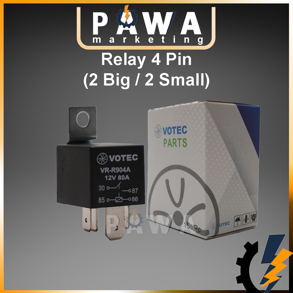 Pawa Votec 4 Pin Relay 12V 24V 80A 2 Big 2 Small Pin Car Vehicle Lorry ...