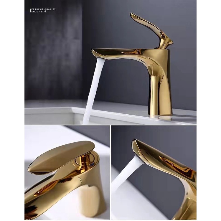 Golden faucet basin hot and cold water faucet copper bathroom cabinet ...