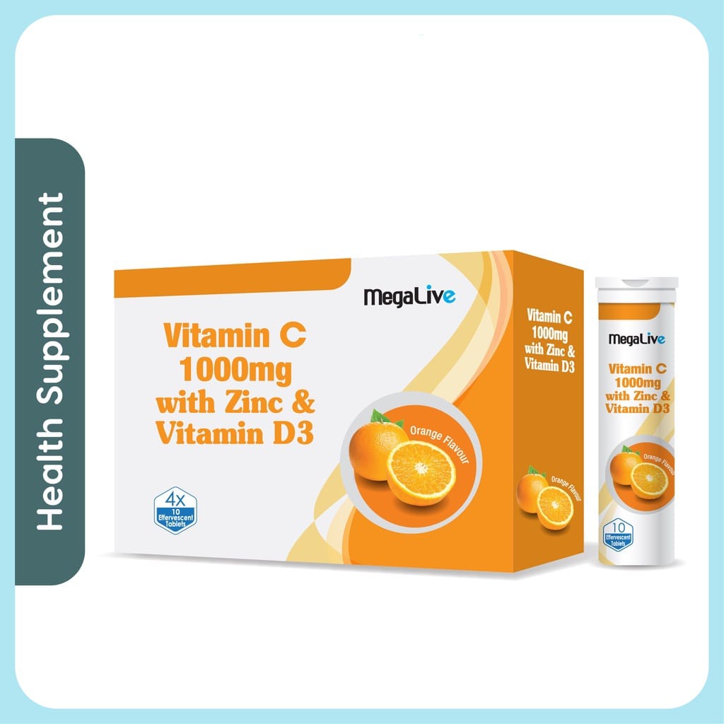MEGALIVE VITAMIN C 1000MG WITH ZINC & VITAMIN D3 EFFERVESCENT TABLET 10'S / 4X10'S [EXP: 6/2026 ...