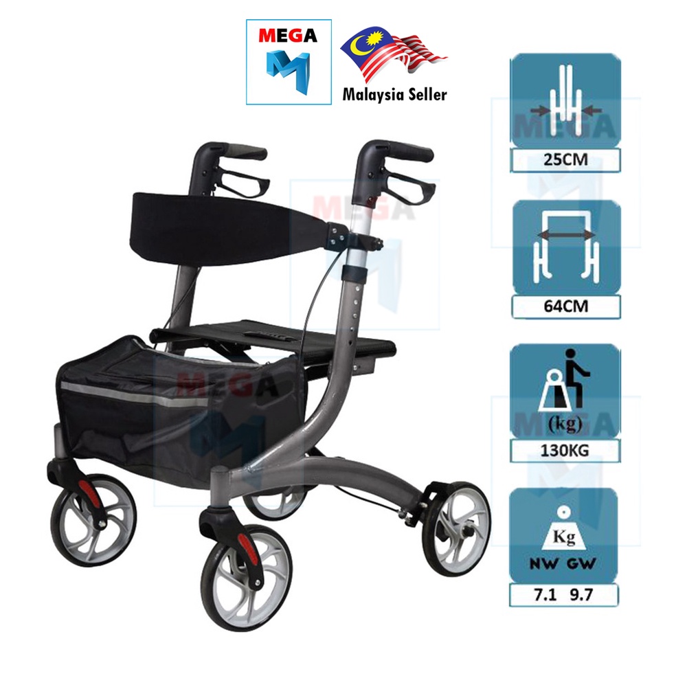 Rollator Walker Adjustable Compact 4Wheel Medical Rolling Mobility Aid ...