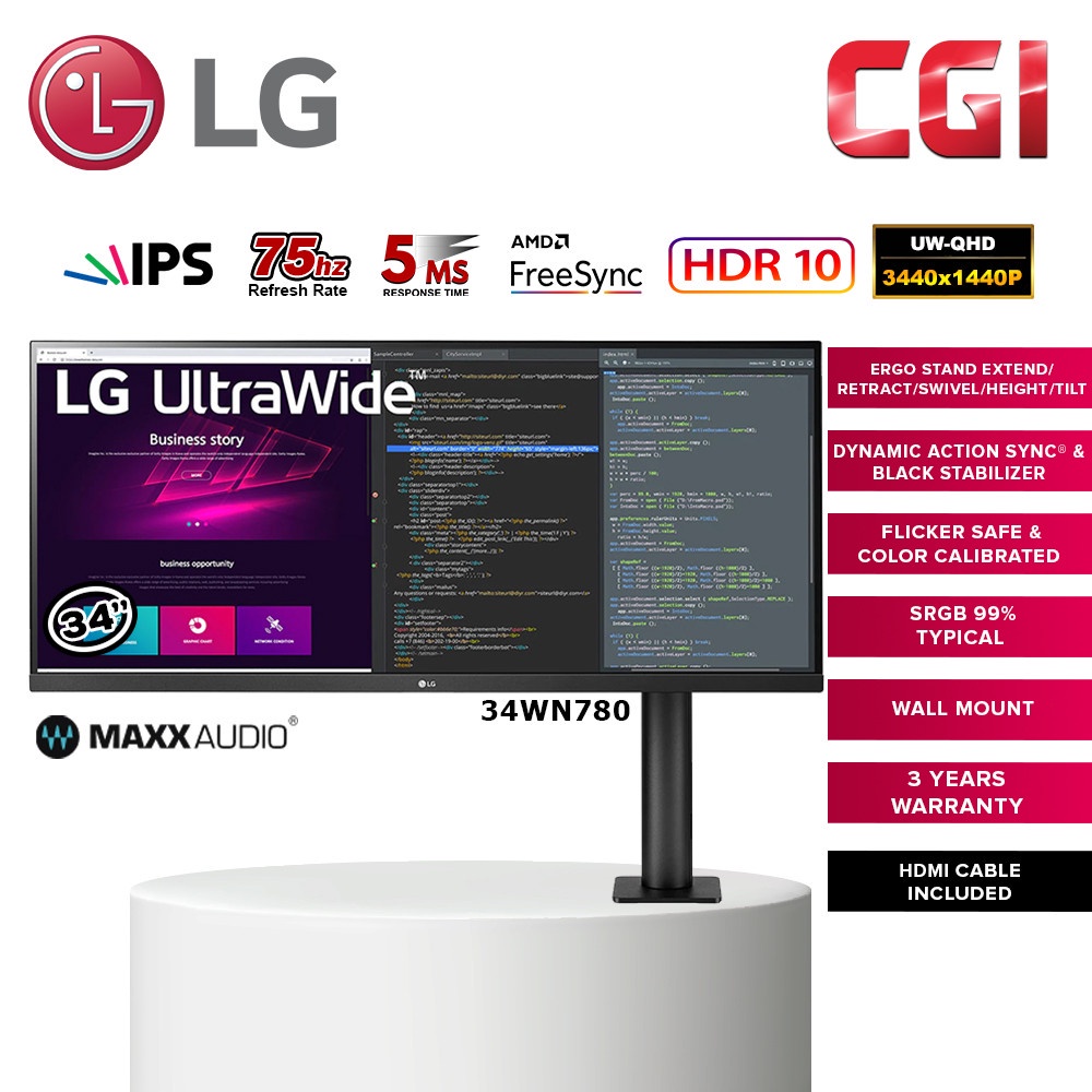 LG 34" 34WN780 IPS QHD HDR10 75Hz 5ms AMD FreeSync Ultrawide Ergo ...