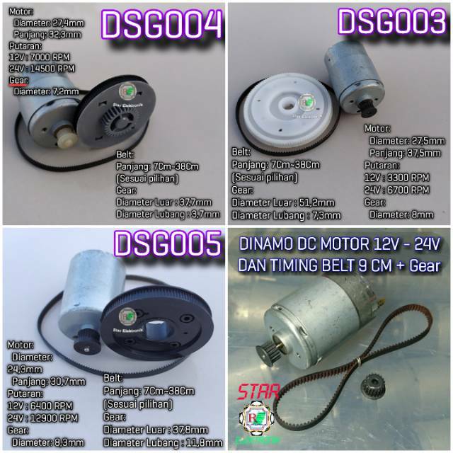 GB001B9 Package DYNAMO DC MOTOR 12V - 24V AND TIMING BELT 9 CM or 36~37 ...