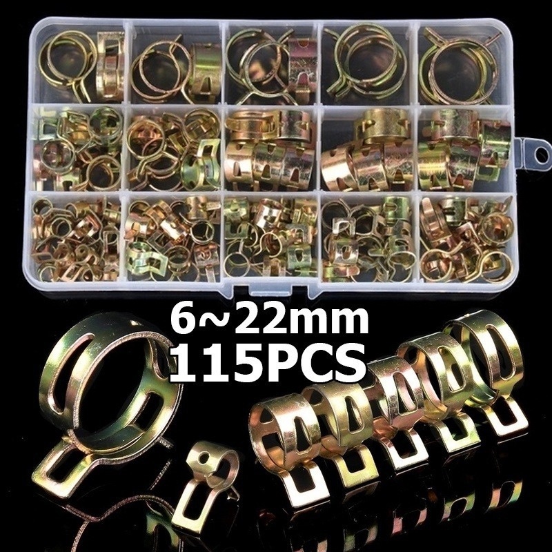 115pcs 15sizes 6 22mm Zinc Plated Spring Hose Pipe Clamps Air Clip
