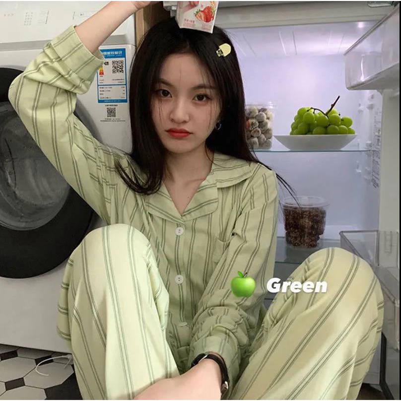 Piyama berjalur set musim bunga dan musim luruh wanita berjalur baju ...