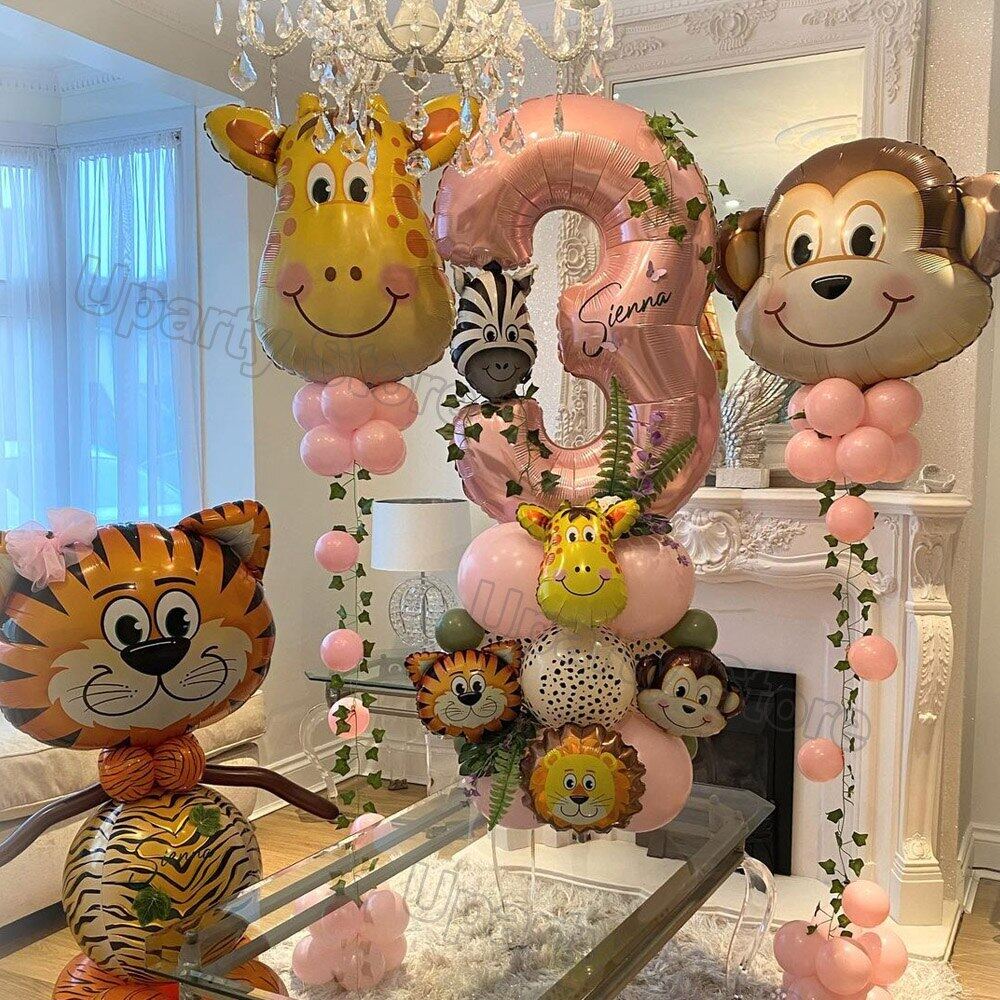 24 Pieces 32 Inch Gradient Numbers Safari Animal Birthday Balloons Pink ...