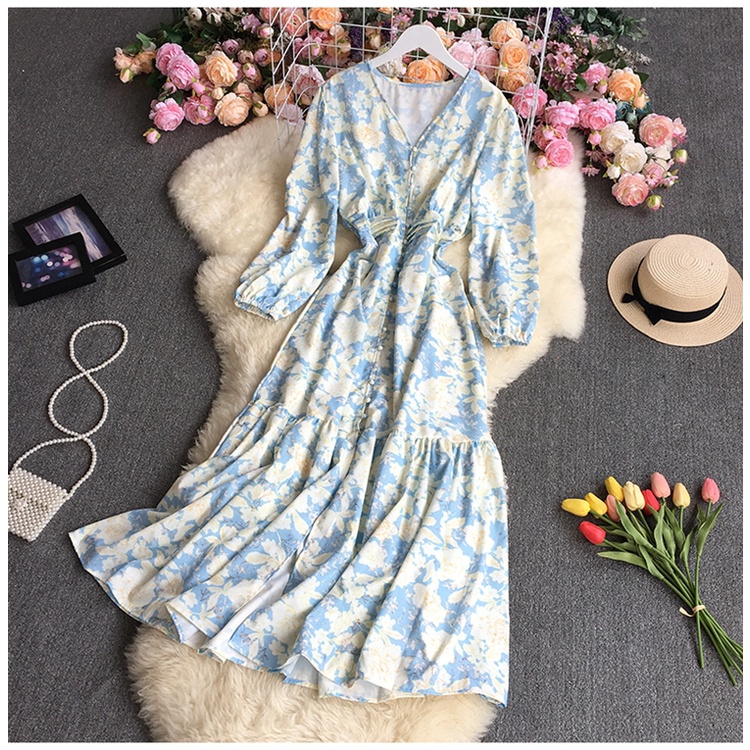 Korean Style Women Ladies Autumn Chiffon Slim Waist Floral Puff Long ...
