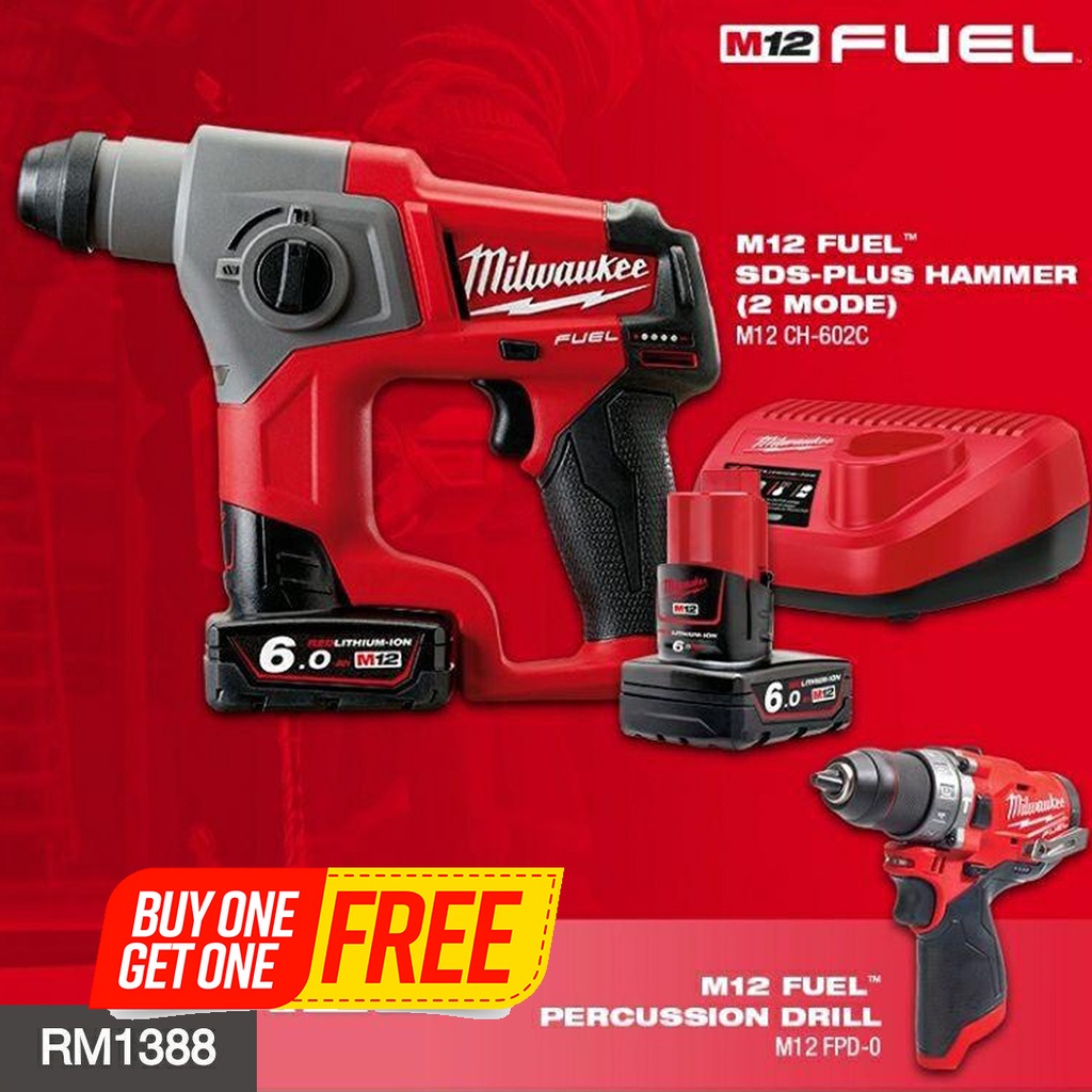 MILWAUKEE M12 CH-602C (FULL SET) M12 FUEL SDS-PLUS HAMMER (2 MODE) + FREE PERCUSSION DRILL M12 ...