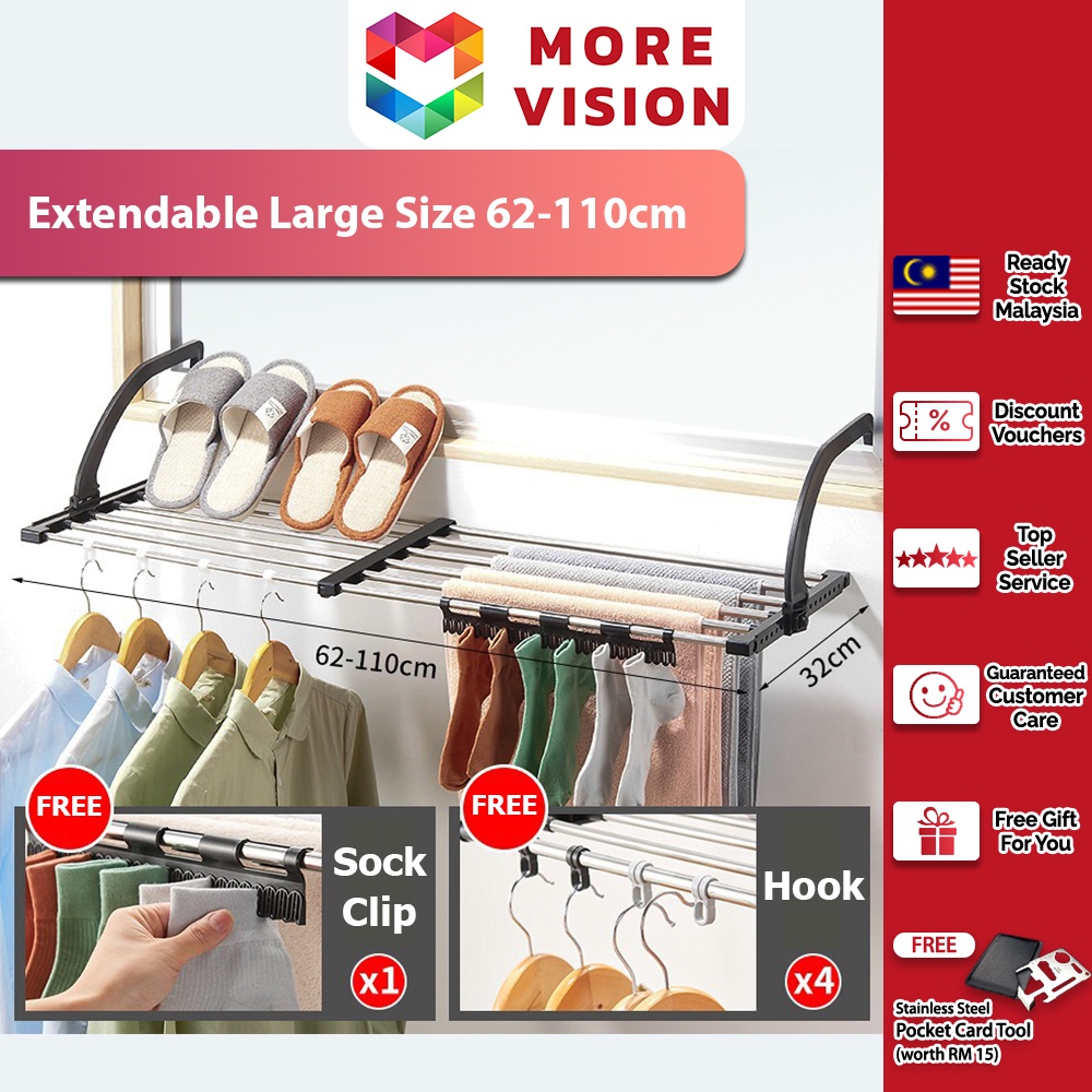 Extendable Cloth Hanger Balcony Hanging Stainless Steel Rack with Clips ...