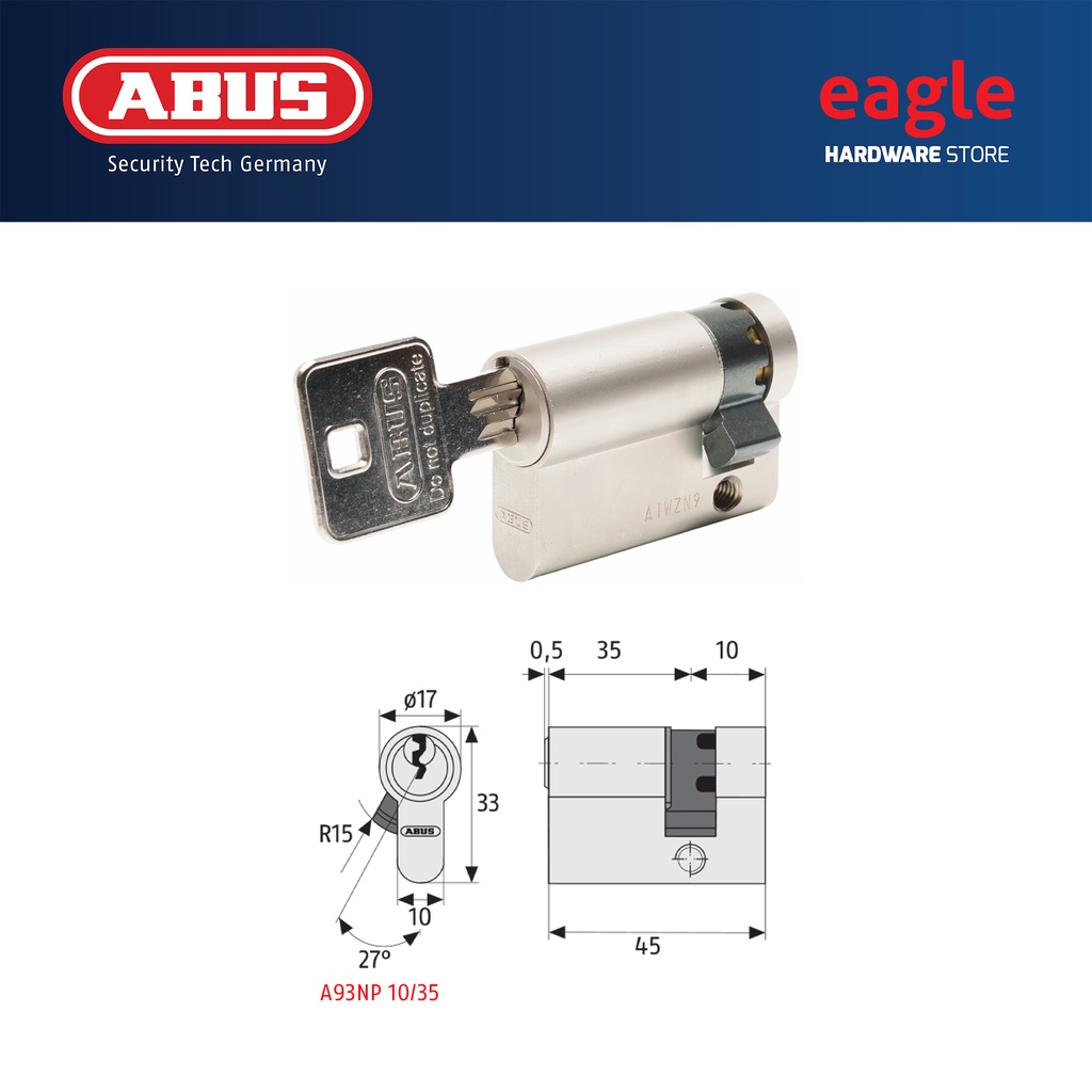 Abus A93NP #37L Euro Profile Cylinder with 3 Keys. Variants: Type of ...