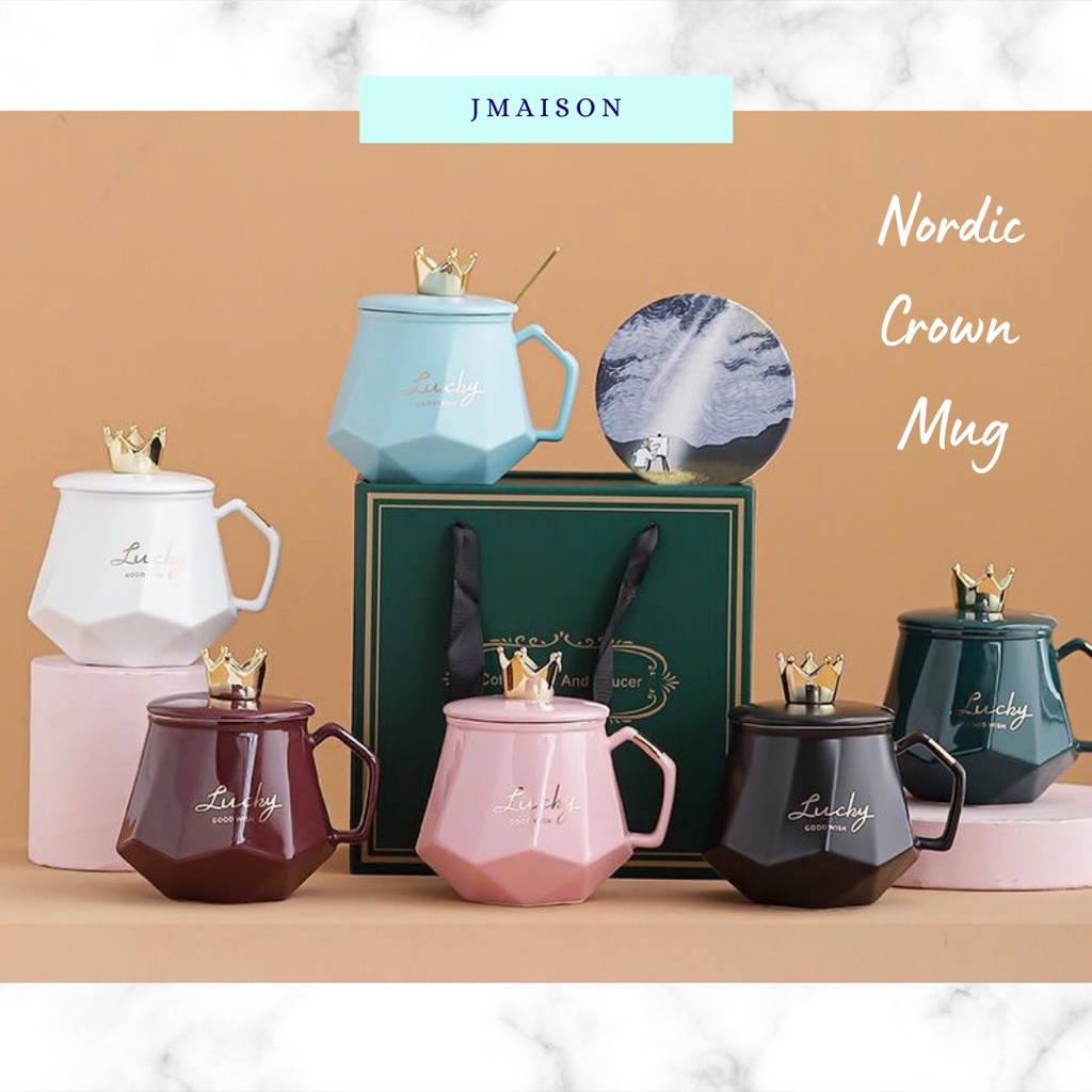 Nordic Diamond Lucky Ceramic Cup with Crown Lid Teaspoon Gift Set ...