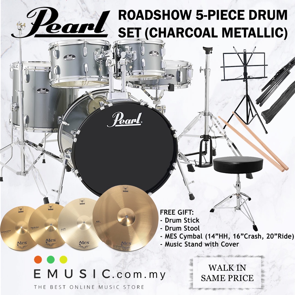 Pearl Roadshow 5-piece Drum Set with MES Cymbal (Charcoal Metallic) (RS525SB/C / RS525SC ...
