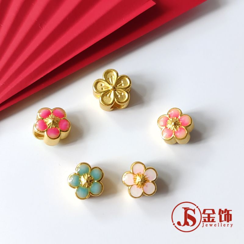 JS Jewellery 999 Gold Flowers Beads Charms 999足金烤漆桃花手绳通孔 Emas Bunga ...