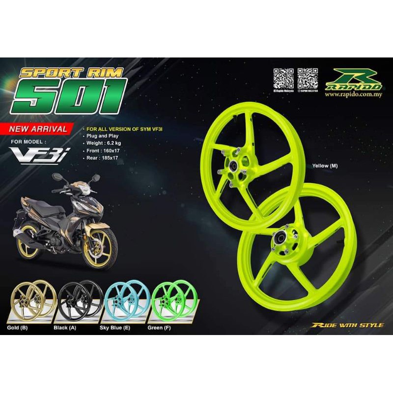SYM VF3I 185 Sport Rim Rapido 501 Sym VF 3I Pnp 160/185-17 | Shopee ...
