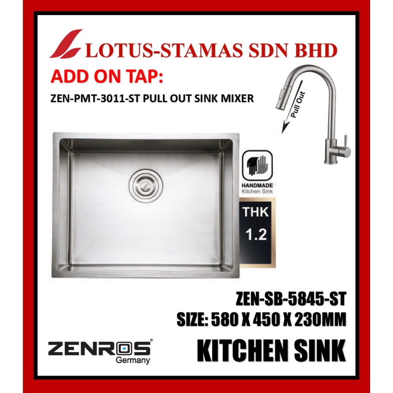 ZENROS ZEN-SB-5845-ST SUS304 STAINLESS STEEL KITCHEN SINK COMPLETE WITH ...