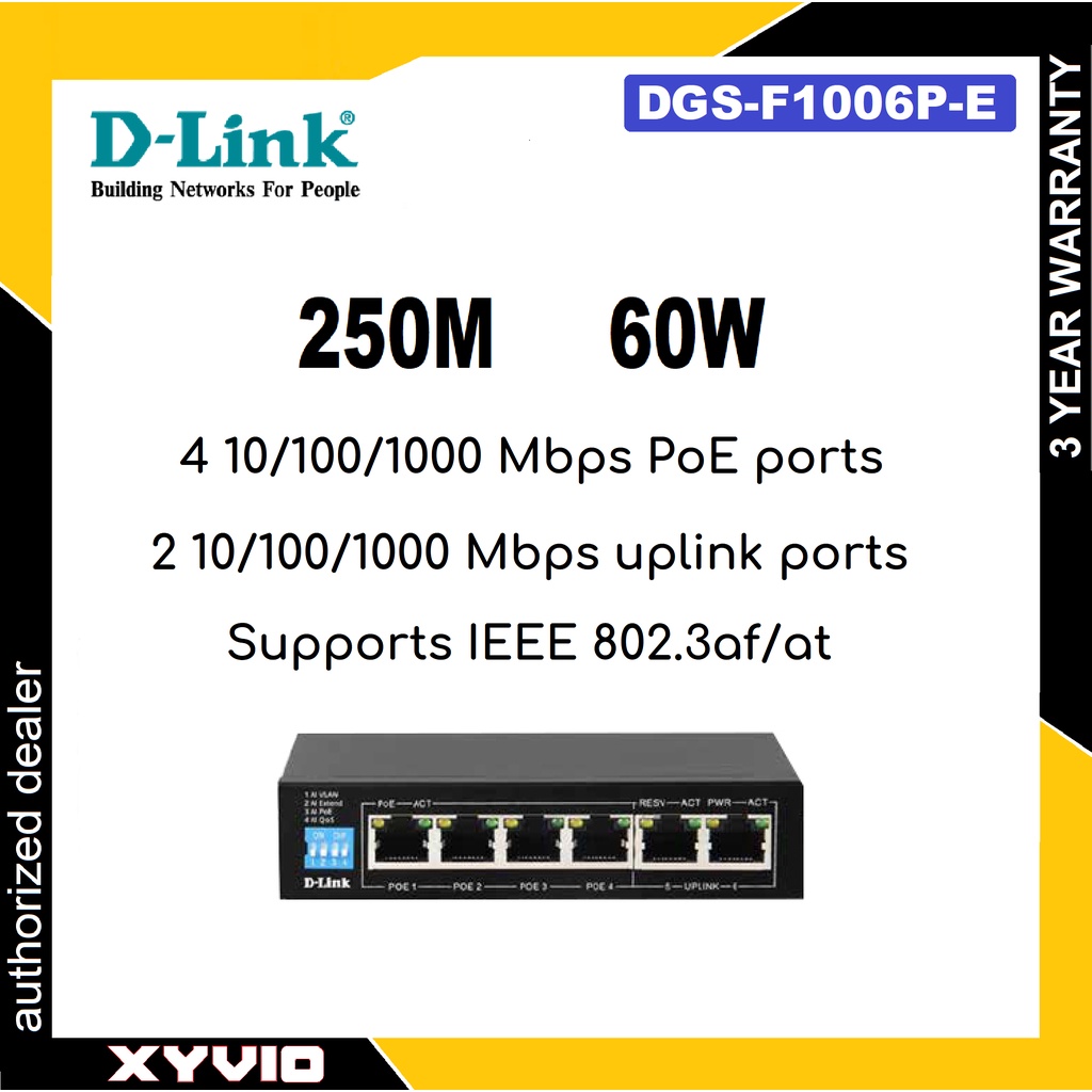 D-LINK DGS-F1006P-E 250M 6-Port 1000Mbps Switch with 4 PoE Ports and 2 ...