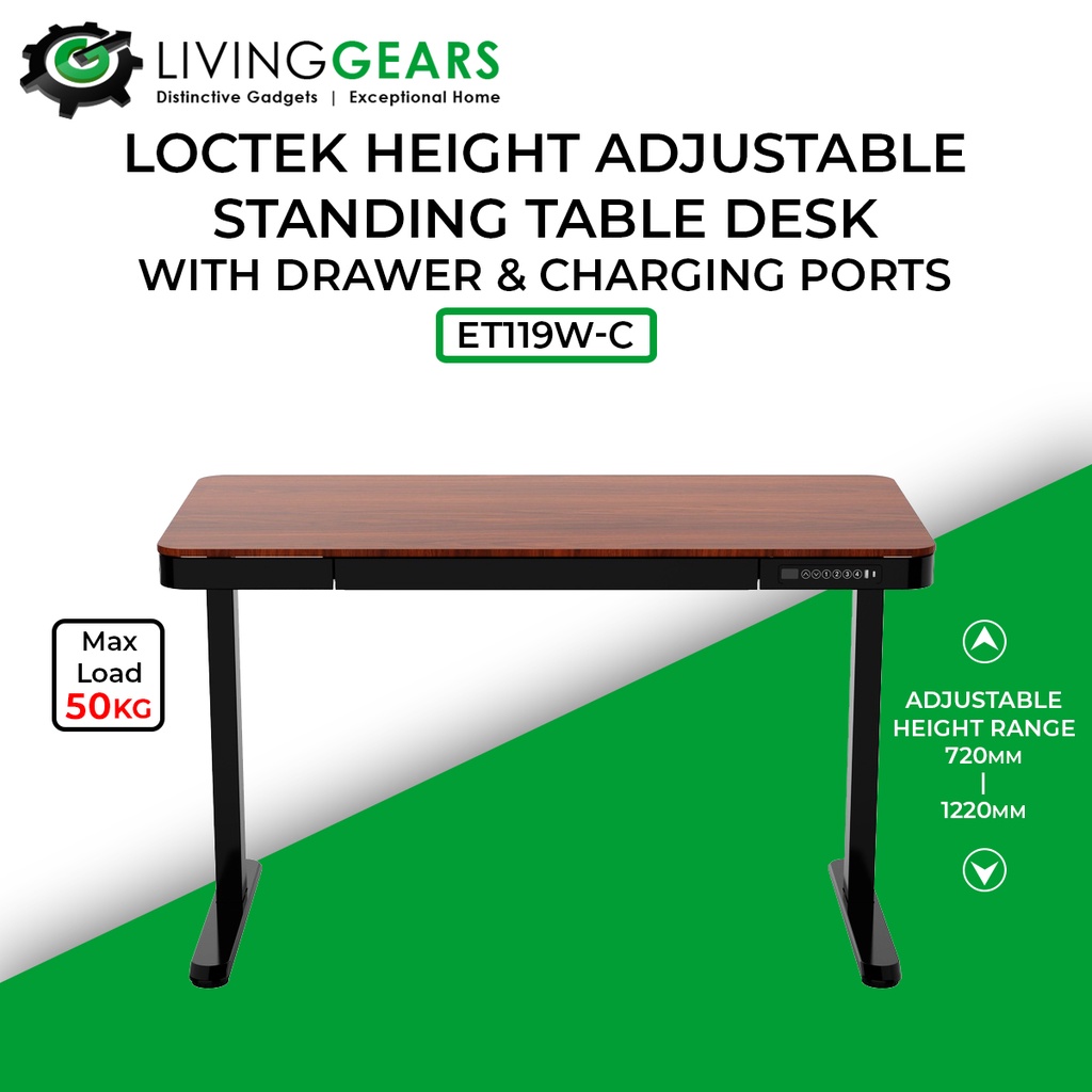 Loctek Height Adjustable Standing Table Desk With Drawer & Charging ...