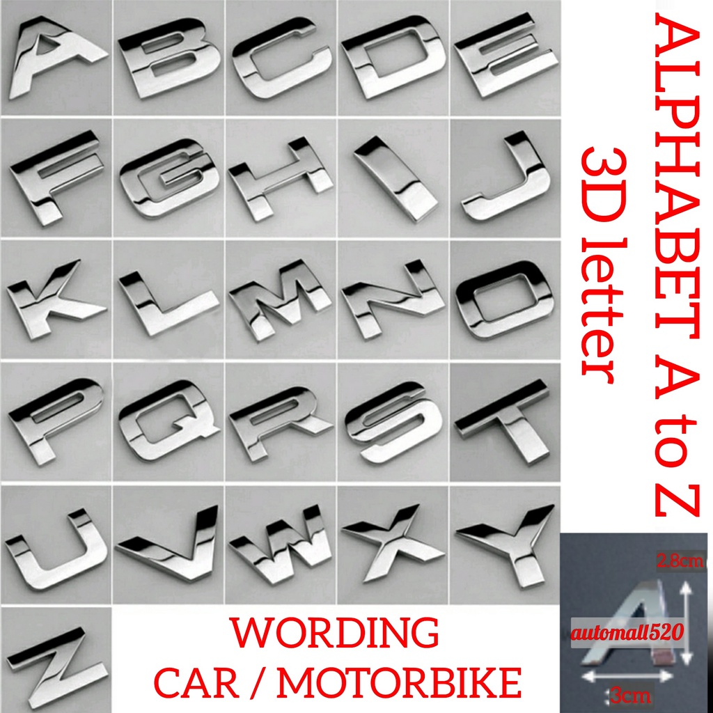 Car Logo Chrome Wording DIY 3D Letters 3D Alphabet Logo A-T 1PCS ...