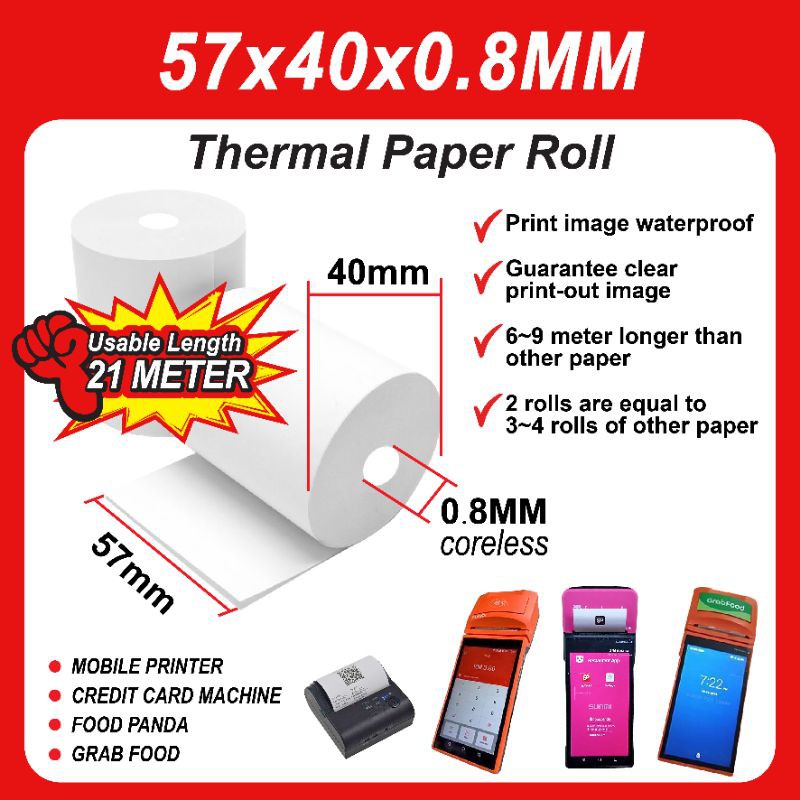 【100 Rolls】57*40mm Thermal Receipt Paper Roll / Kertas Resit / Kertas ...