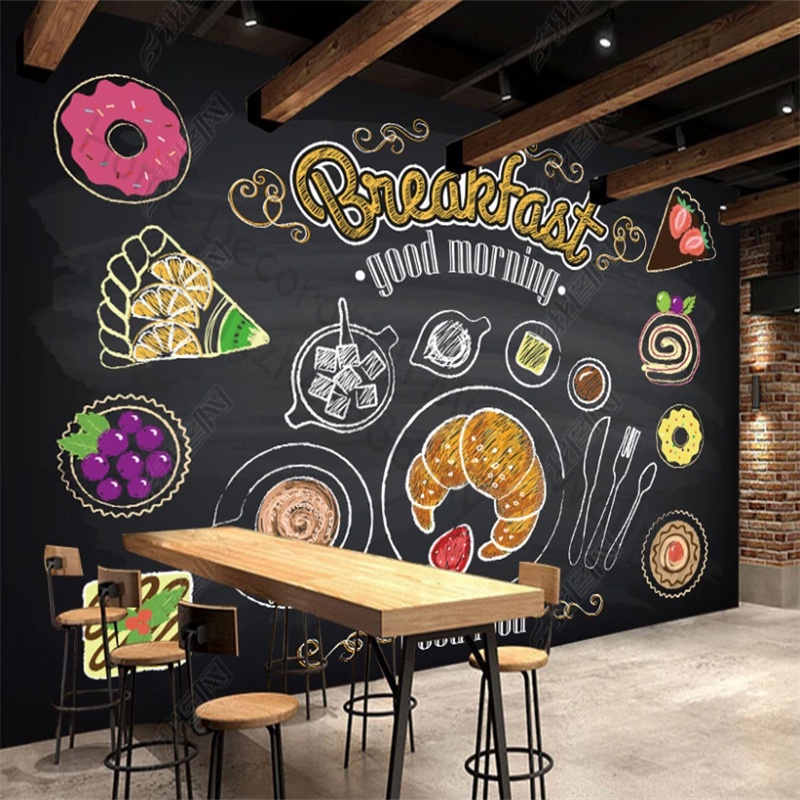 Blackboard hand painted breakfast bread coffee custom wallpaper for ...