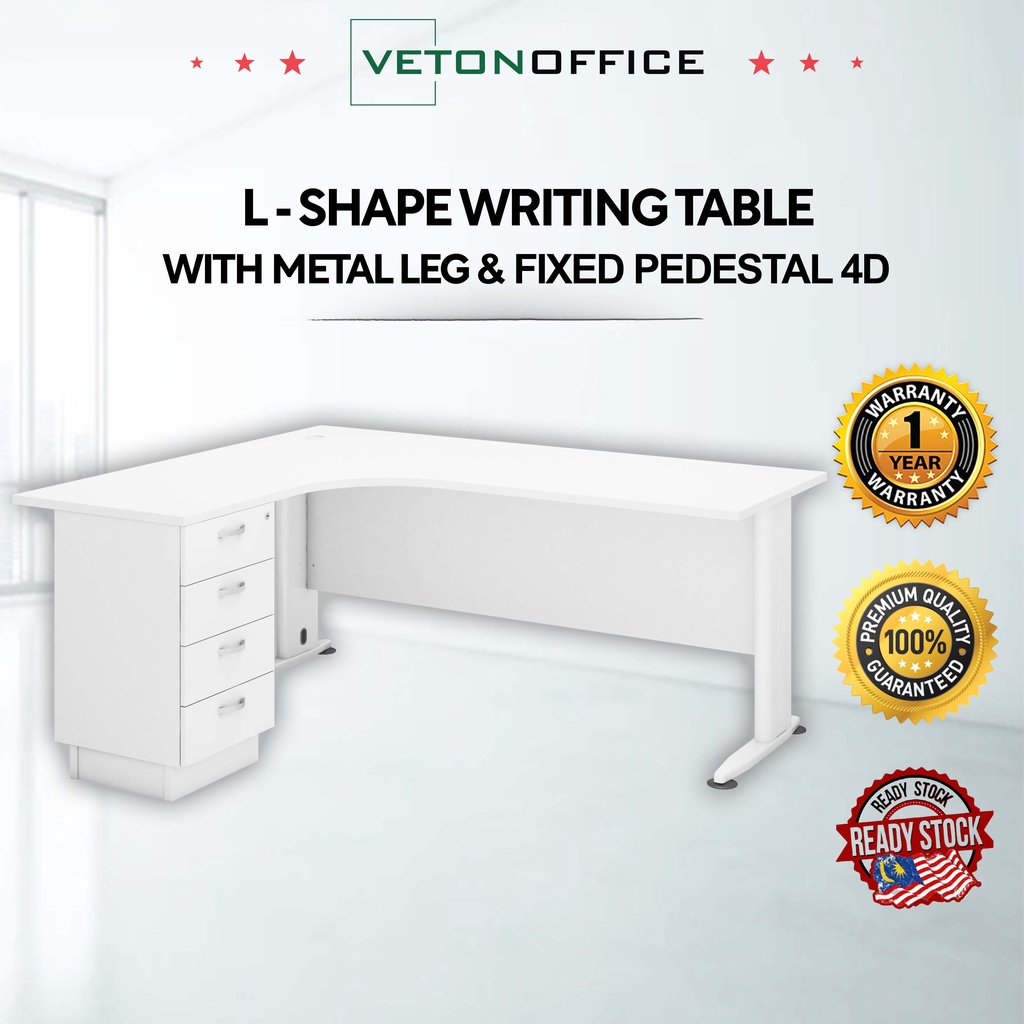 Veton Office l L-Shape Writing Table with Metal Leg & Fixed Pedestal 4D ...