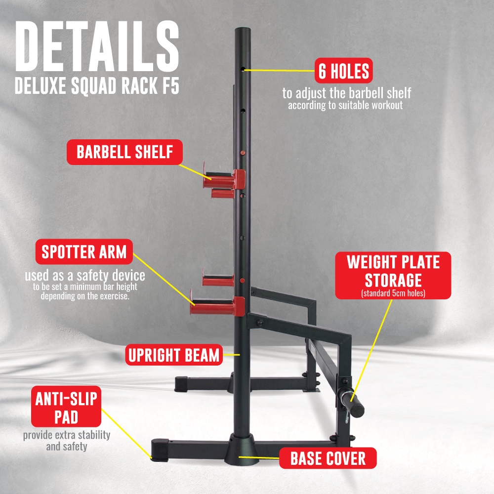 Deluxe Squat Rack F5 | Adjustable Barbell Stand with Spotter Arms ...